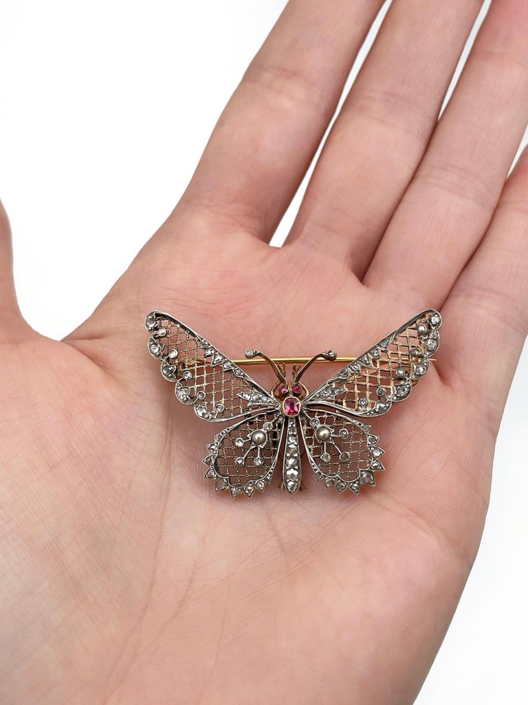 Antique Victorian 18 Karat Gold Rose Cut Diamond Ruby Butterfly Pin ...