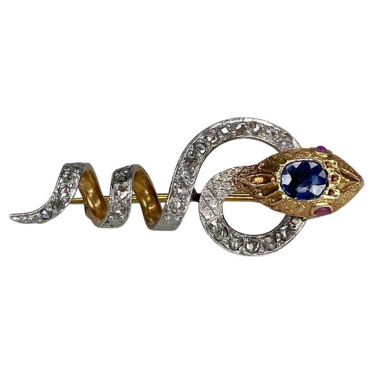 Antique Victorian 18 Karat Gold Sapphire Ruby Rose Cut Diamond Snake ...