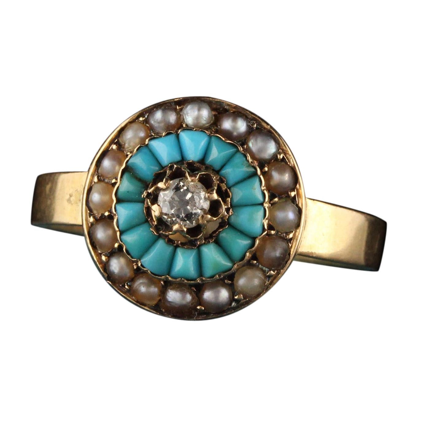 Victorian Natural Pearl Turquoise and Diamond Antique Ring at 1stDibs