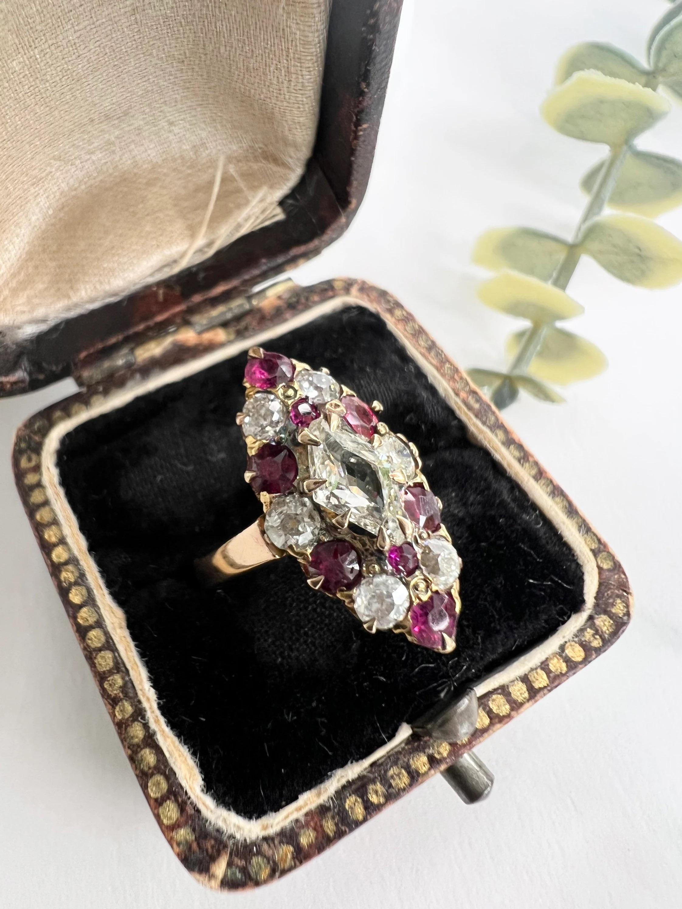 Antique Victorian 18ct Rose Gold Ruby and Diamond Marquise Navette Ring ...