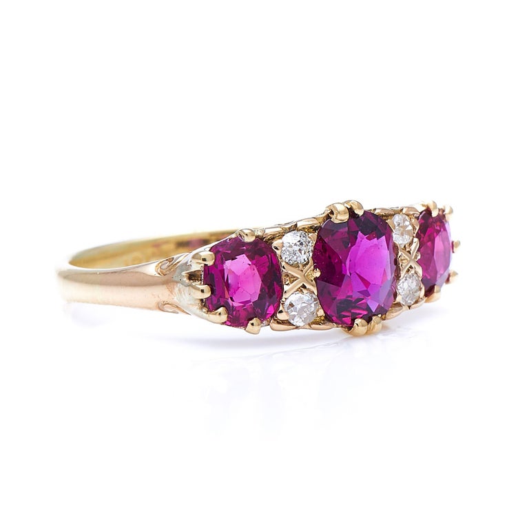 Antique Victorian 18 Carat Yellow Gold Natural Ruby and Diamond Three ...