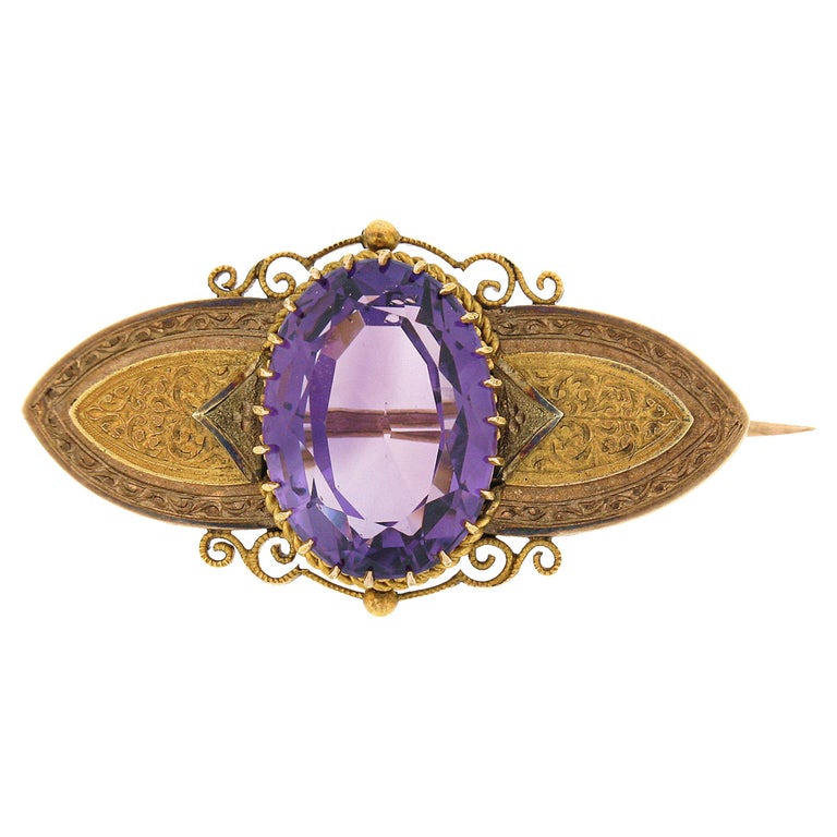 Antique Victorian 18k Gold 13.50ctw Oval Amethyst w/ Hand Engraved ...