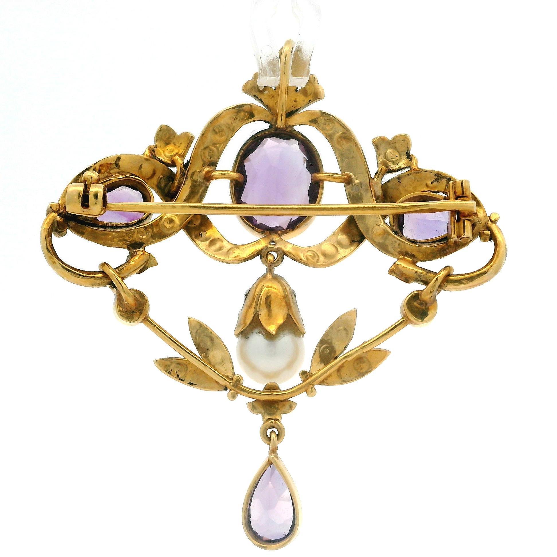 Antique Victorian 18k Gold Amethyst and Seed Pearl Floral Dangle Brooch ...