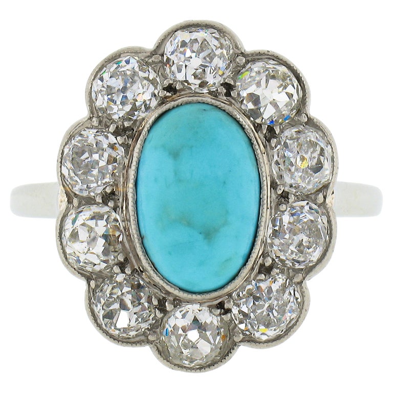 Antique Victorian 18k Gold Oval Cabochon Turquoise W/ Mine Cut Diamond ...