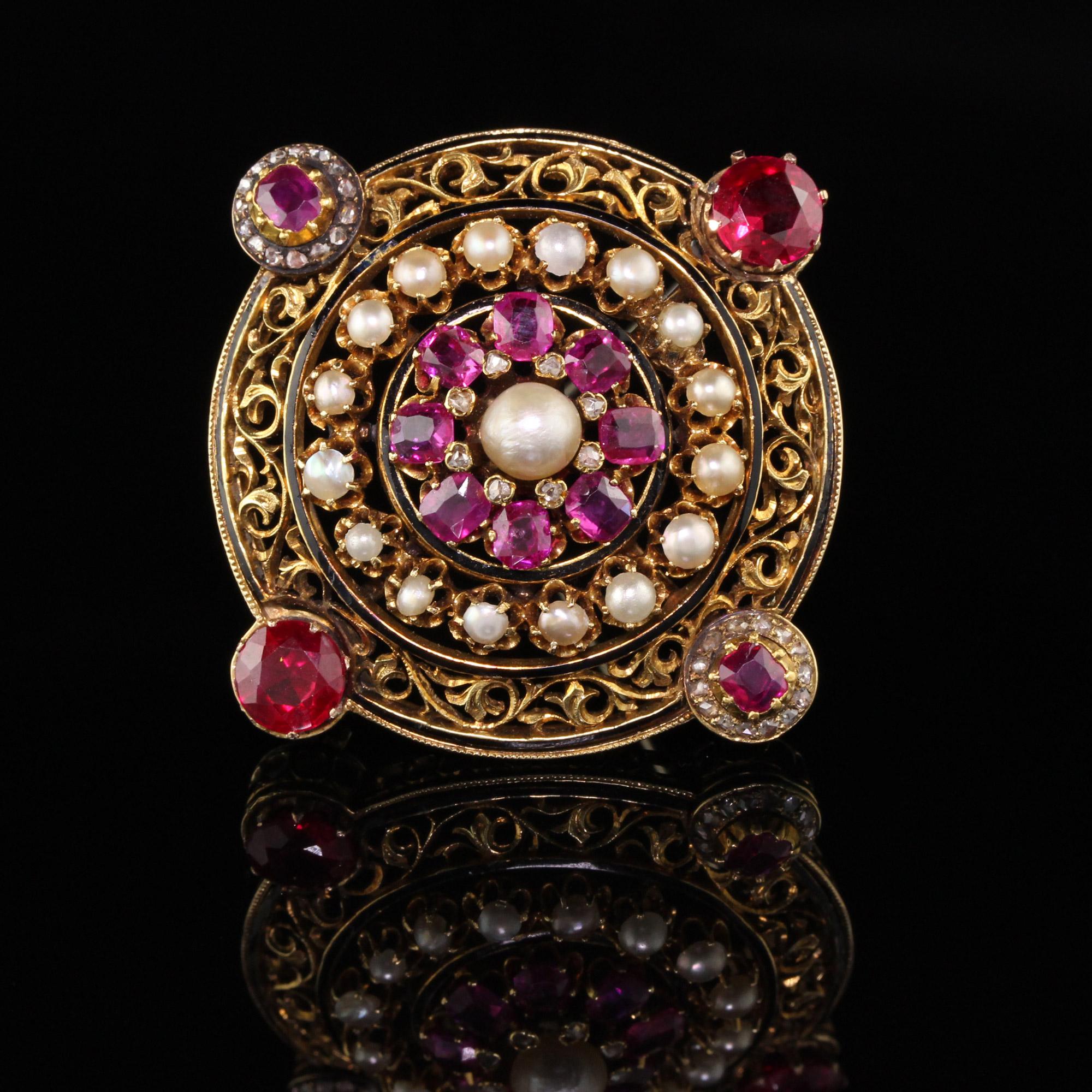 Antique Victorian 18 Karat Yellow Gold Black Enamel Ruby Pearl Diamond ...