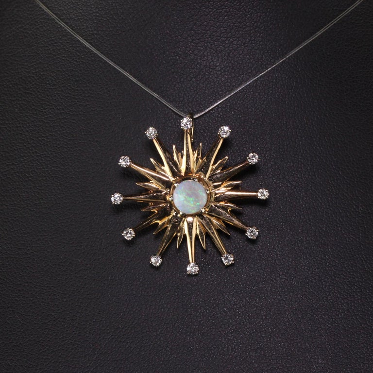 Vintage 18 Karat Yellow Gold Black Opal and Diamond Star Burst Pin ...