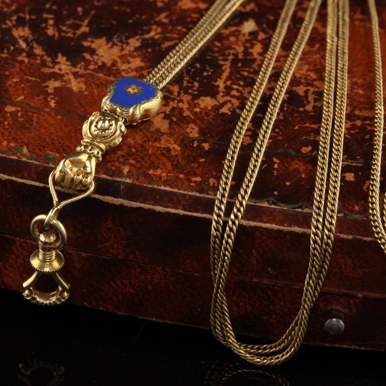 Antique Victorian 18K Yellow Gold Lariat Blue Enamel Chain with Hand ...