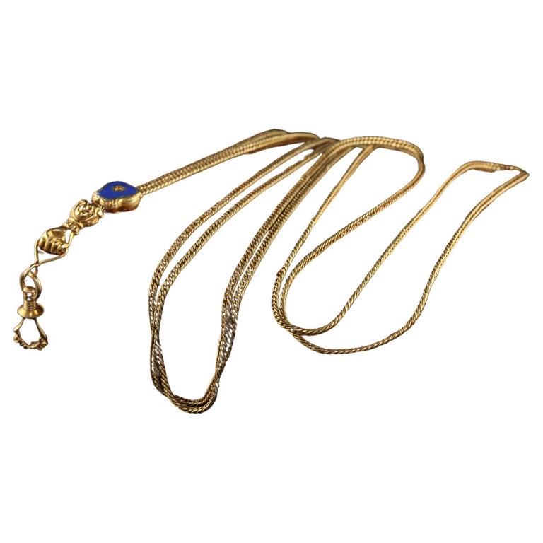 Antique Victorian 18K Yellow Gold Lariat Blue Enamel Chain with Hand ...
