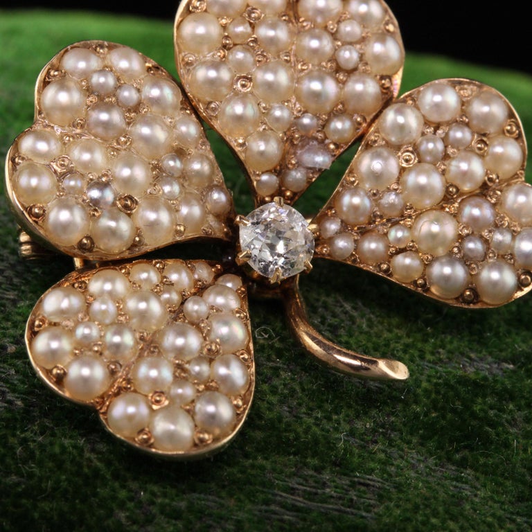 Antique Victorian 18K Yellow Gold Pearl Old Miner Four Leaf Clover Pin ...