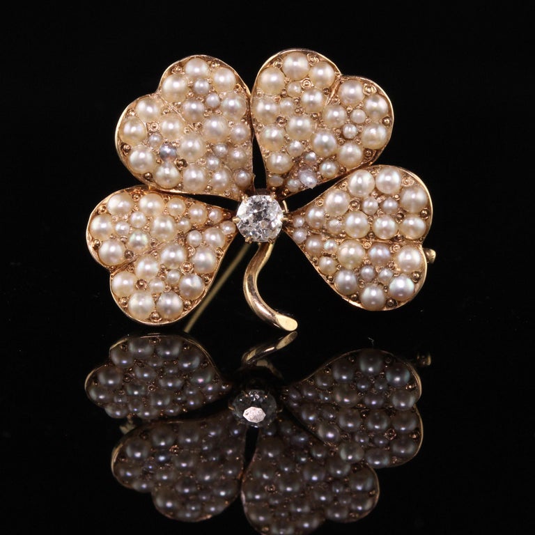 Antique Victorian 18K Yellow Gold Pearl Old Miner Four Leaf Clover Pin ...