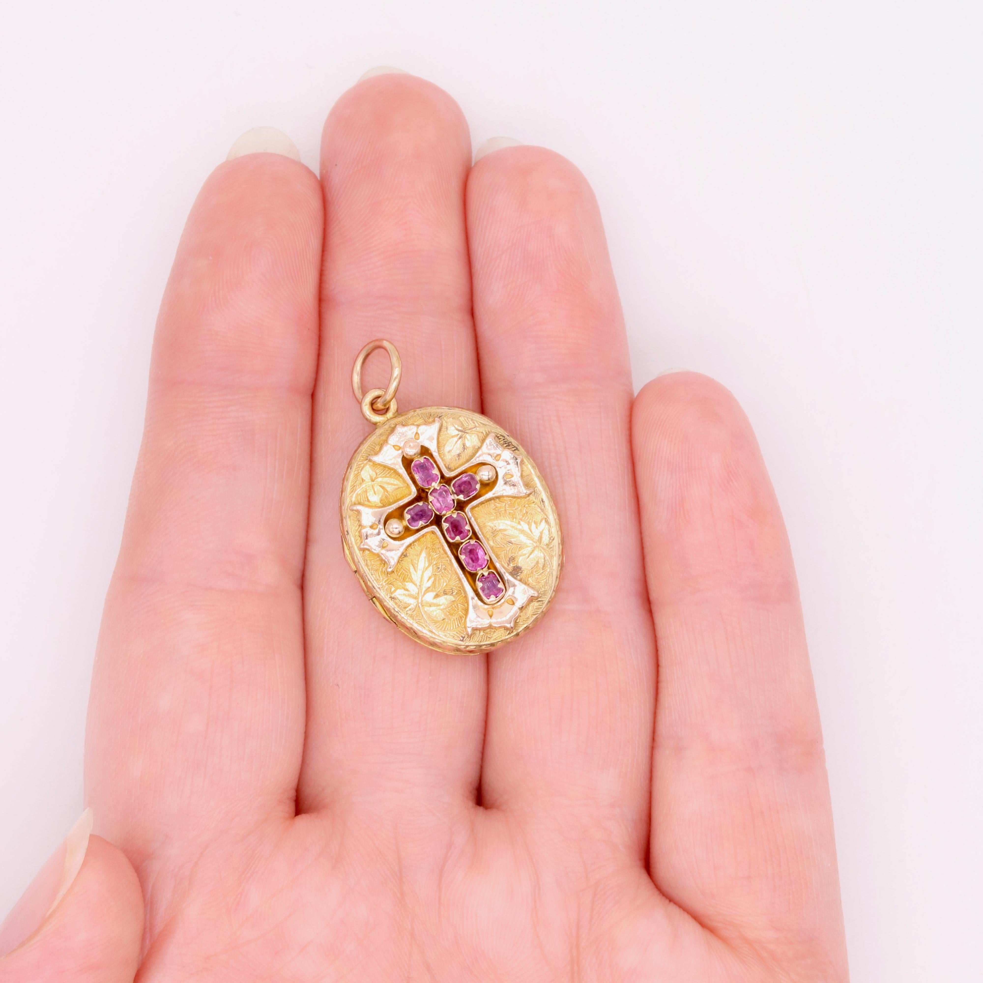 Antique Victorian 18K Yellow Gold Ruby Crucifix Engraved Rosary Locket ...