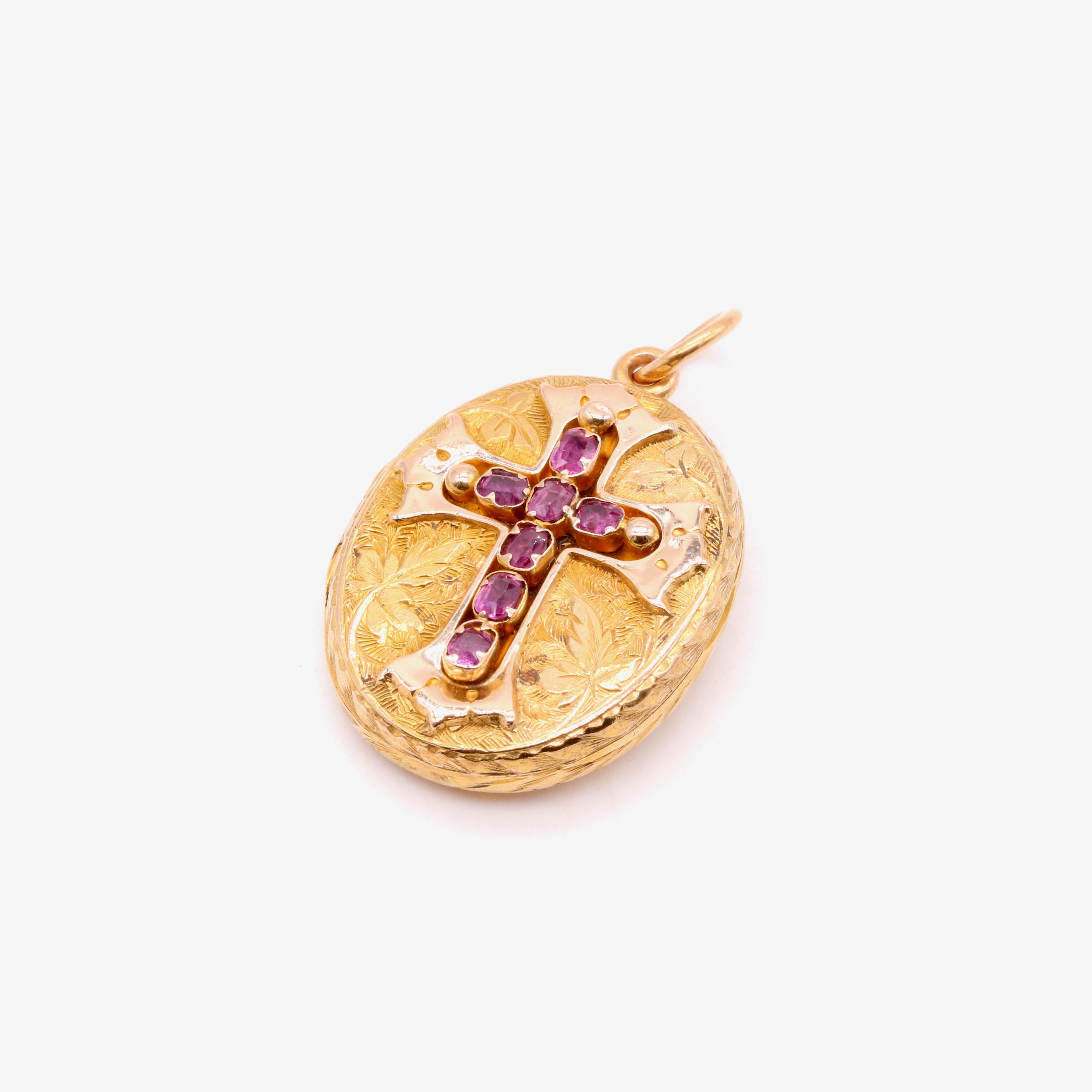Antique Victorian 18K Yellow Gold Ruby Crucifix Engraved Rosary Locket ...