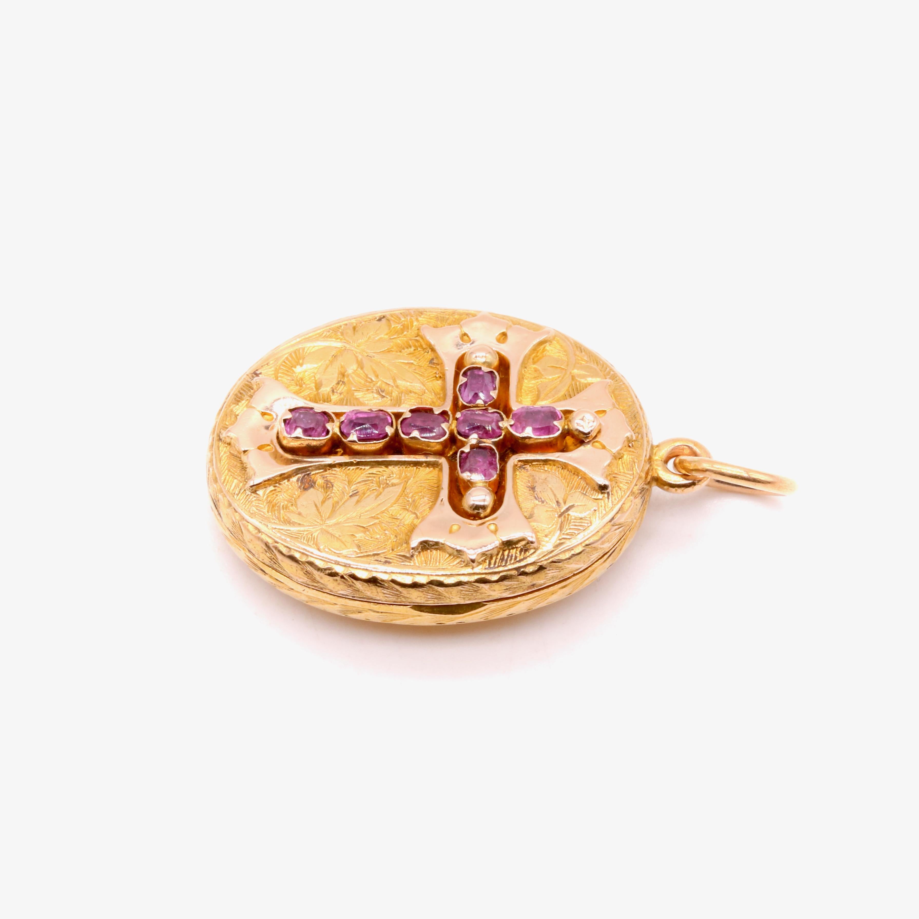 Antique Victorian 18K Yellow Gold Ruby Crucifix Engraved Rosary Locket ...