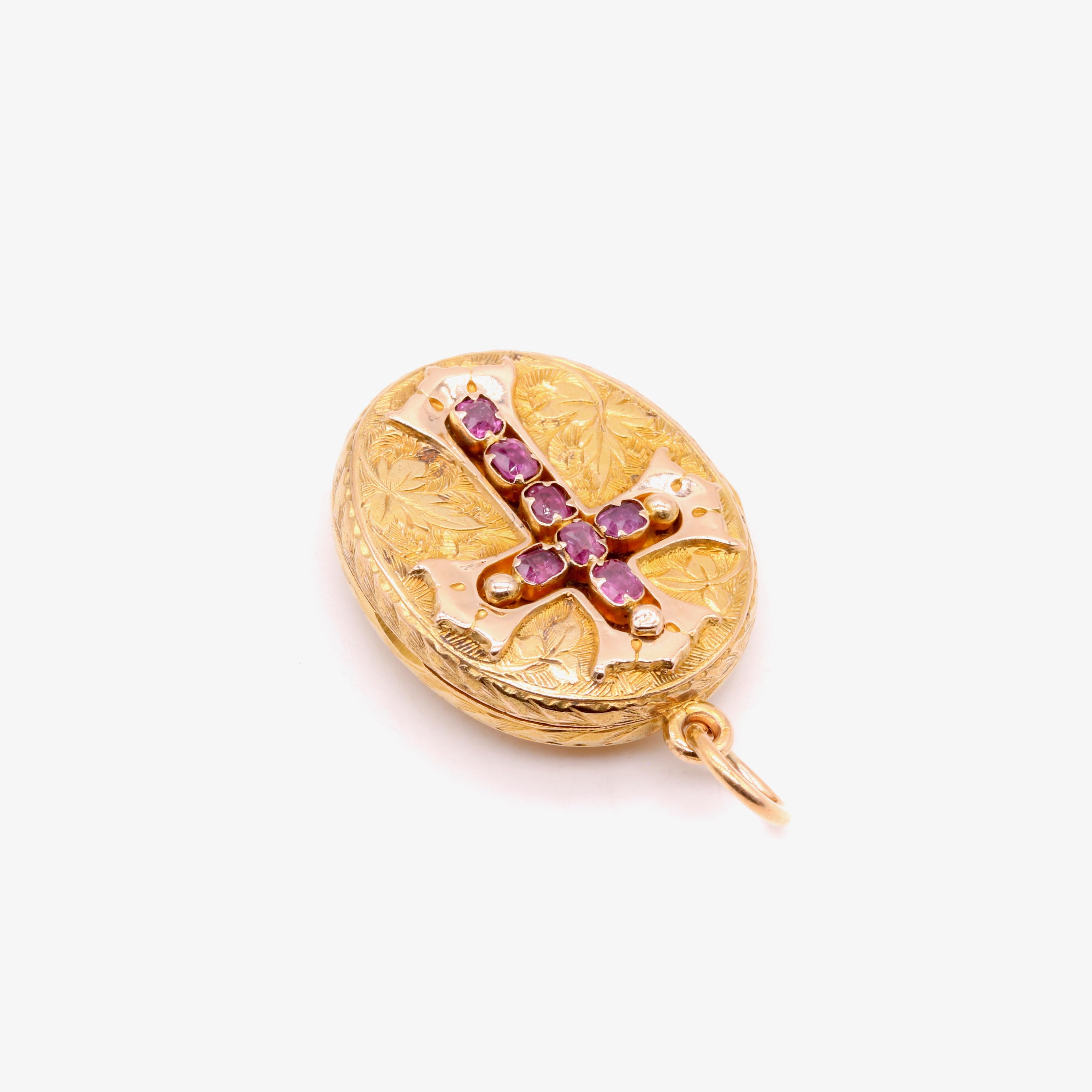 Antique Victorian 18K Yellow Gold Ruby Crucifix Engraved Rosary Locket ...