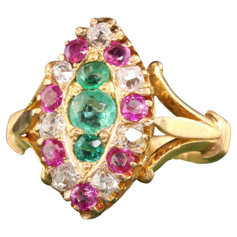 Antique Victorian 22K Yellow Gold Old Peruzzi Cut Diamond Ruby Emerald ...