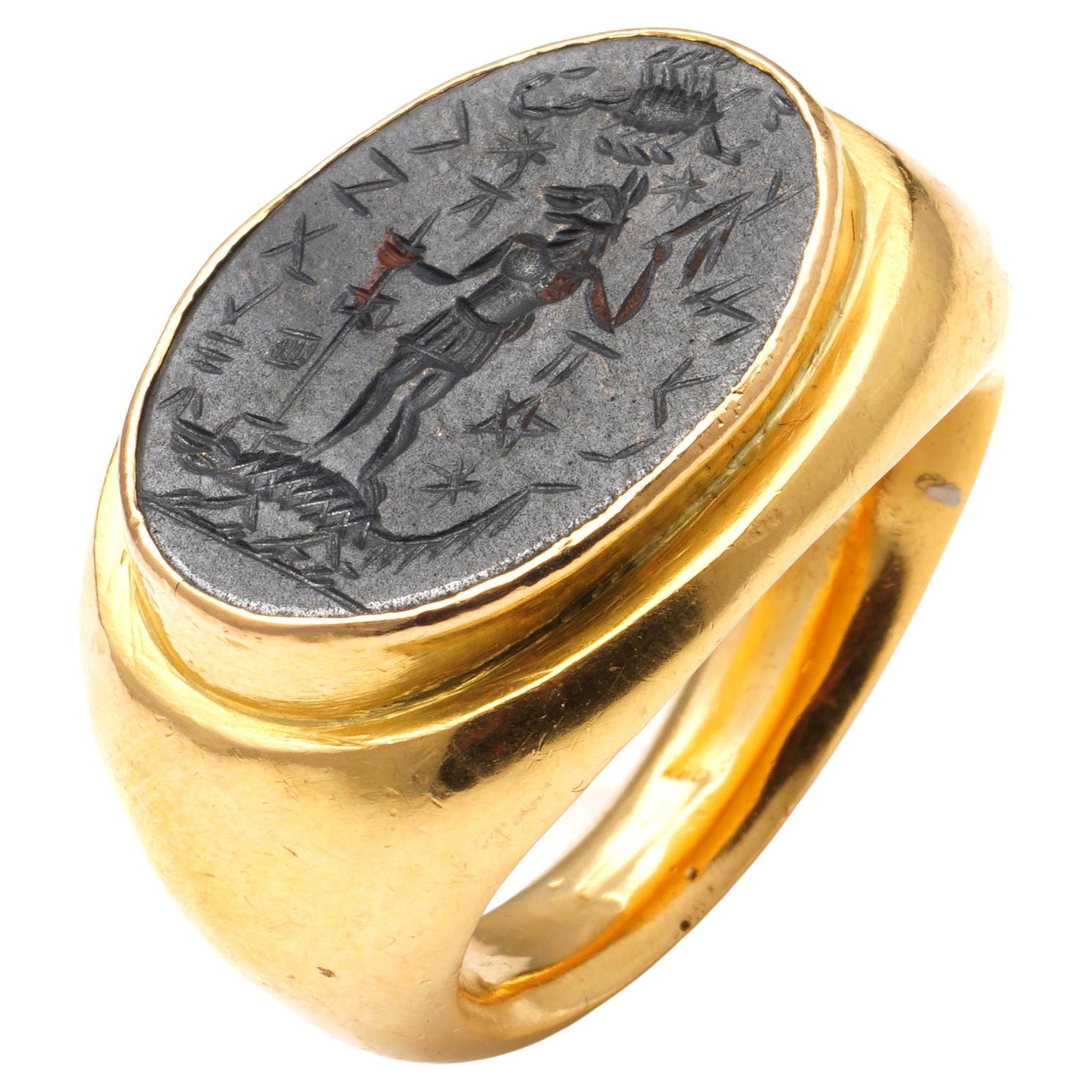 Antique Gold Swivel Ring Set with a Greek Coin at 1stDibs