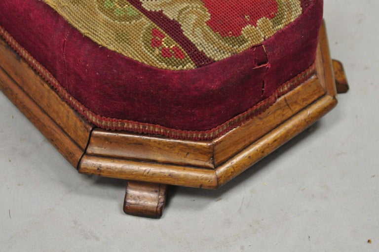 Antique Victorian Long Mahogany Red Needlepoint Small Footstool Ottoman ...