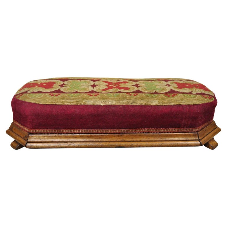 Antique Victorian Long Mahogany Red Needlepoint Small Footstool Ottoman ...