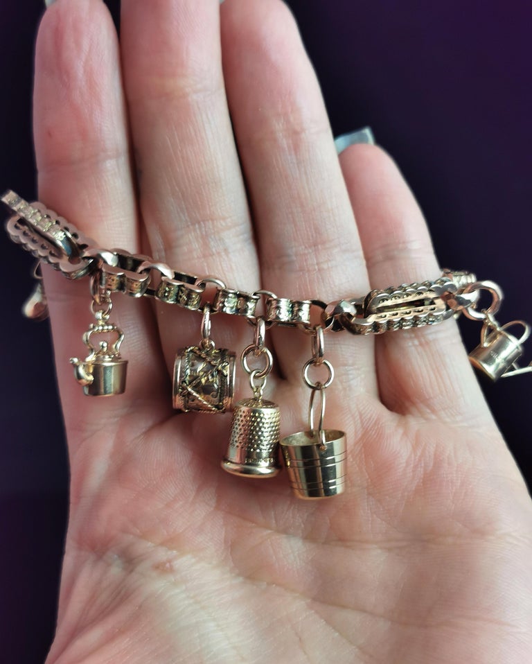 Antique Victorian 9k Gold Fancy Link Charm Bracelet, Vintage Charms For ...