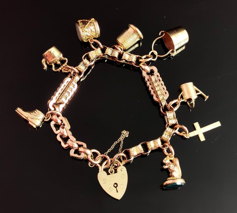 Antique Victorian 9k Gold Fancy Link Charm Bracelet, Vintage Charms For ...