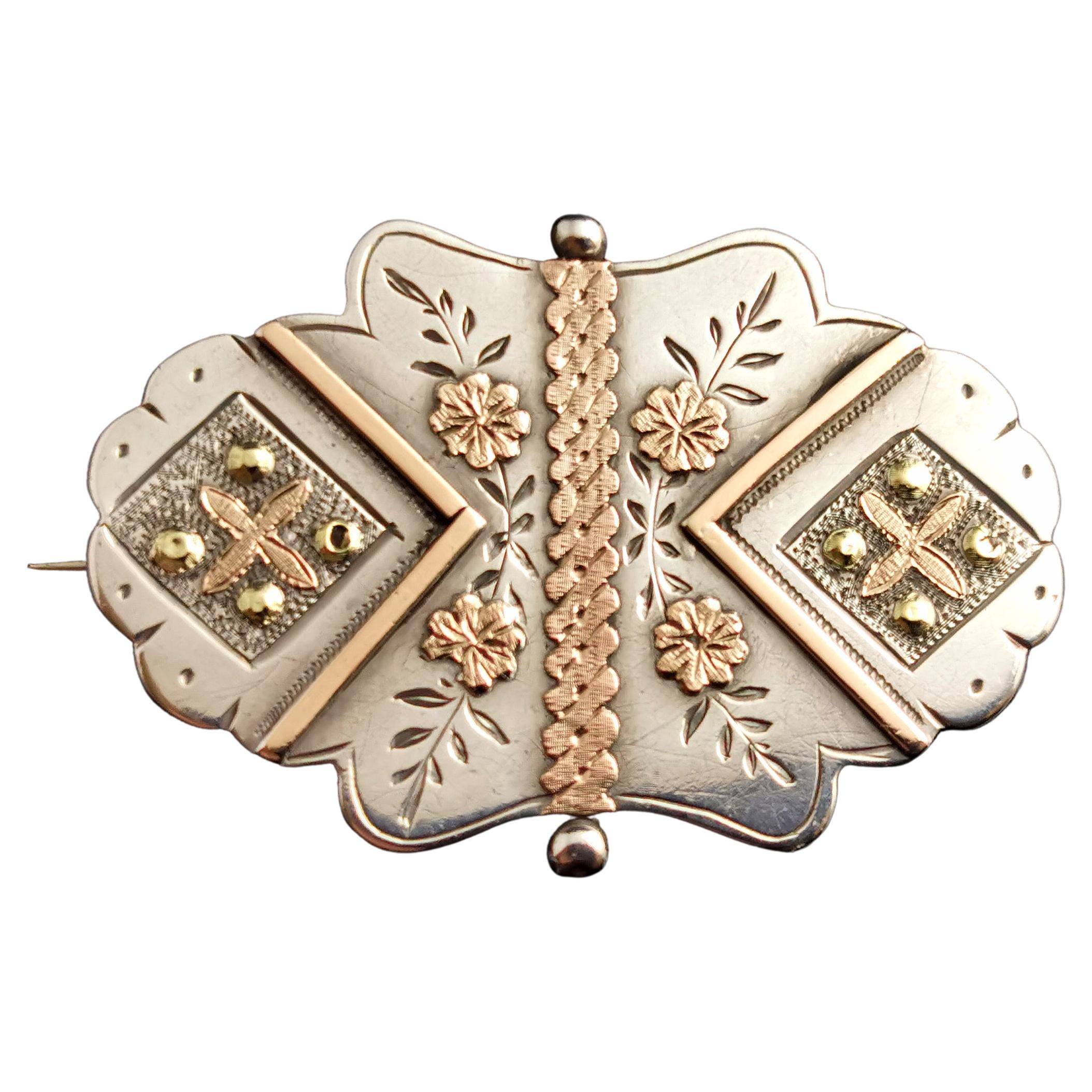 Antique Victorian Aesthetic Silver Locket Brooch, Rose and Yellow Gold ...