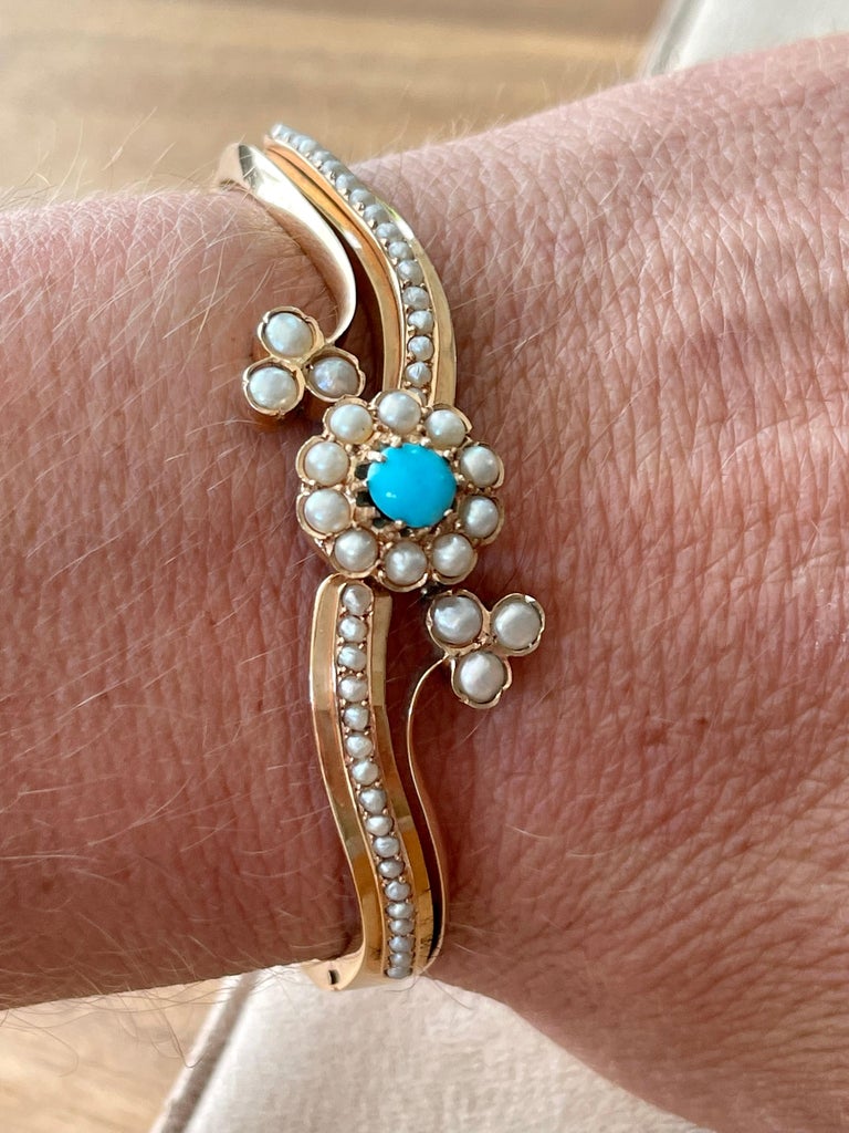 Antique Victorian Bangle Turquoise Pearls For Sale at 1stDibs