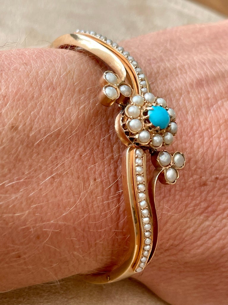 Antique Victorian Bangle Turquoise Pearls For Sale at 1stDibs