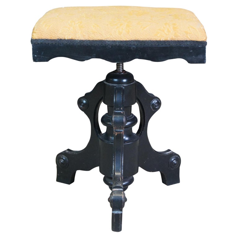 Antique Victorian Black Adjustable Piano Organ or Vanity Stool Brocade ...