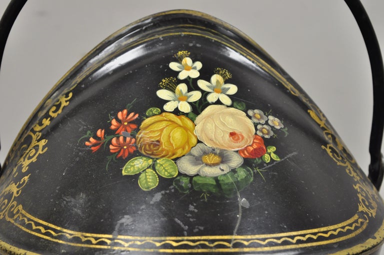 Antique Victorian Black Steel Hand Painted Flower Tole Metal Coal ...