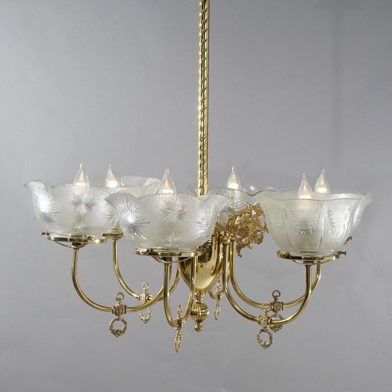 Antique Victorian Brass and Glass Six-Light Electrified Gas Chandelier ...