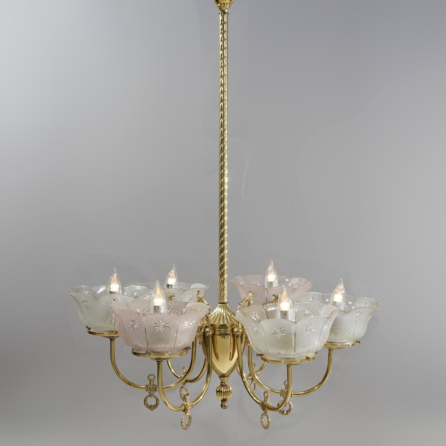Antique Victorian Brass and Glass Six-Light Electrified Gas Chandelier ...