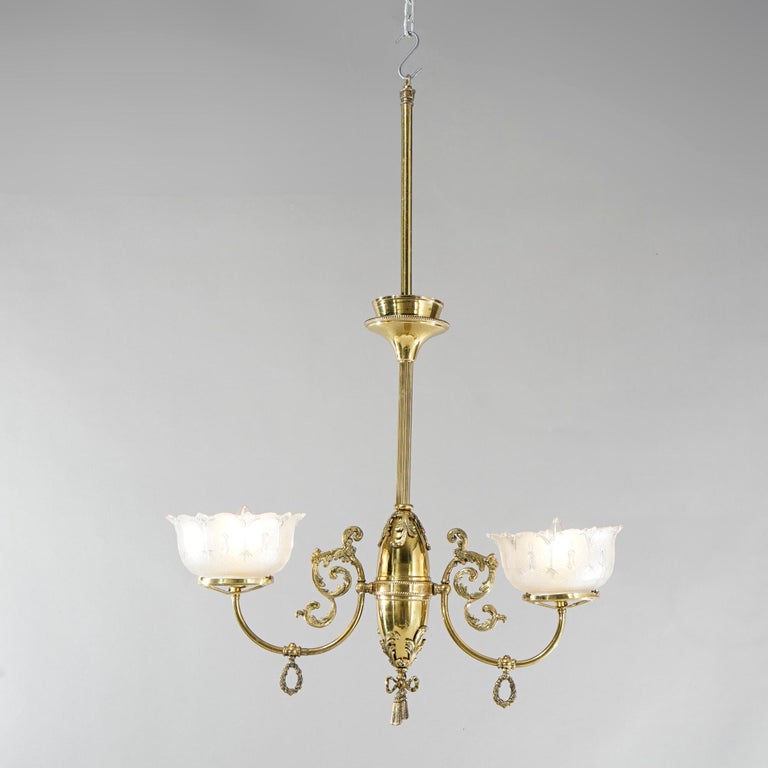 Antique Victorian Brass and Glass Two-Light Electrified Gas Chandelier ...