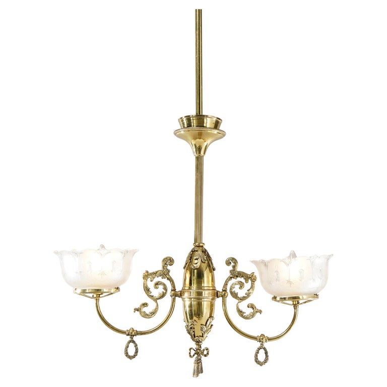 Antique Victorian Brass and Glass Two-Light Electrified Gas Chandelier ...