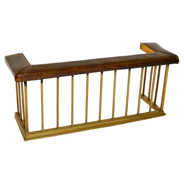 Antique Victorian Brass and Leather Fireplace Club Fender at 1stDibs