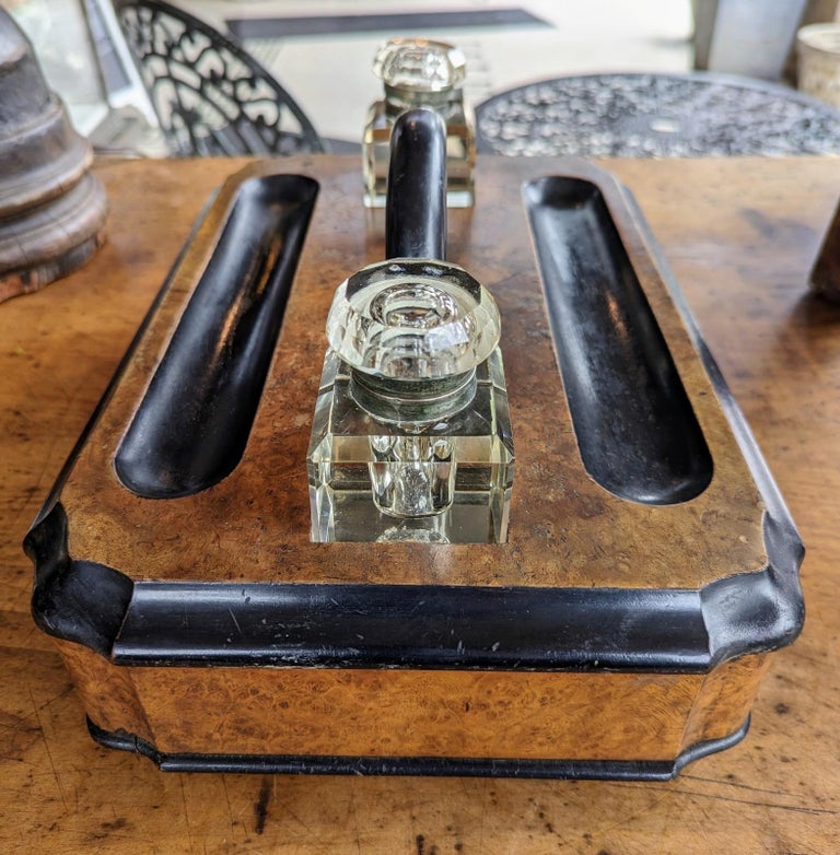Antique Victorian Burlwood Inkwell Free Standing Desk Set with Drawer ...