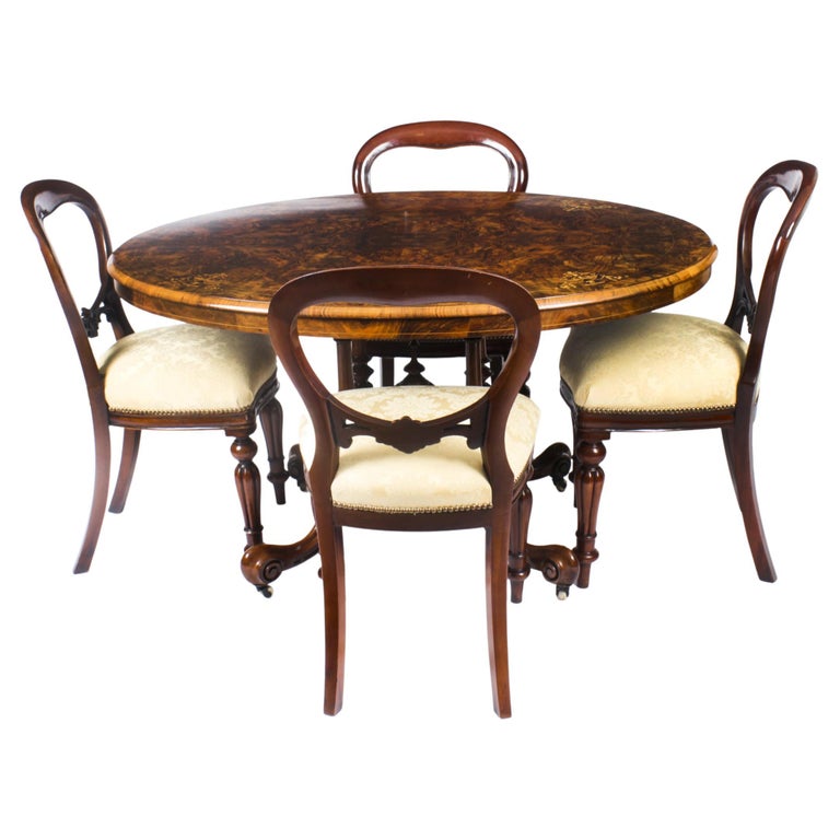 Antique Victorian Burr Walnut Oval Loo Table 19th C and Set 4 Chairs at ...