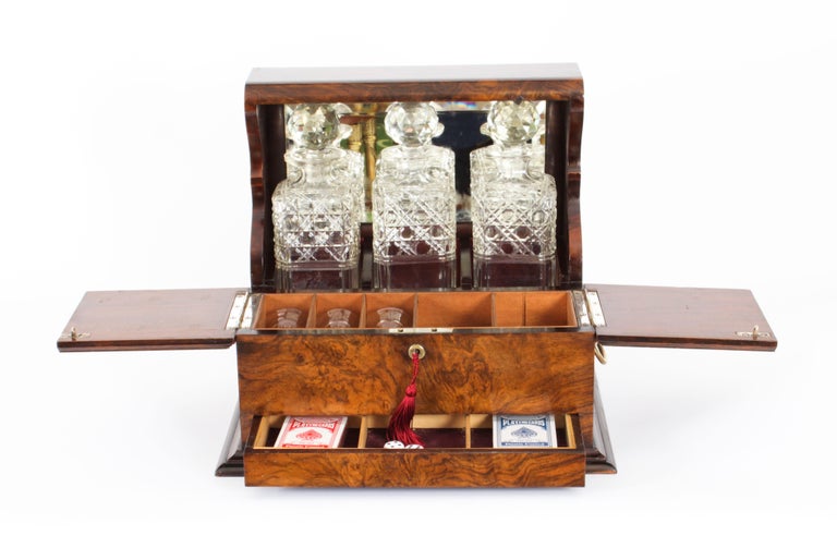 Antique Victorian Burr Walnut Three Crystal Decanter Tantalus Dry Bar ...