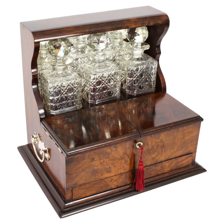 Antique Victorian Burr Walnut Three Crystal Decanter Tantalus Dry Bar ...
