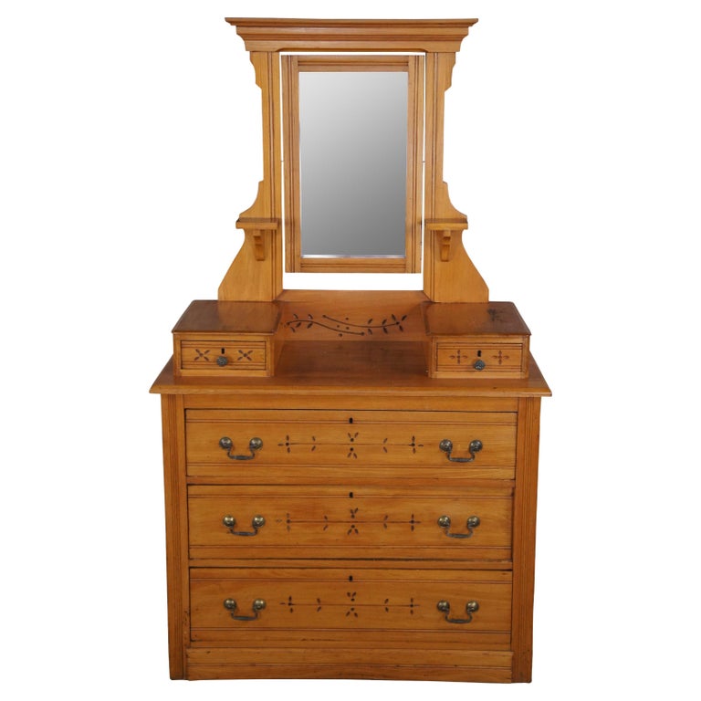 Antique Victorian Carved Pine Step Back Dresser and Mirror Glovebox ...