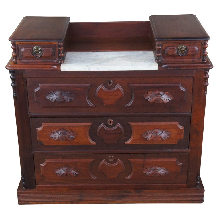 Antique Victorian Carved Walnut Step Back Dresser Chest Marble Glovebox ...