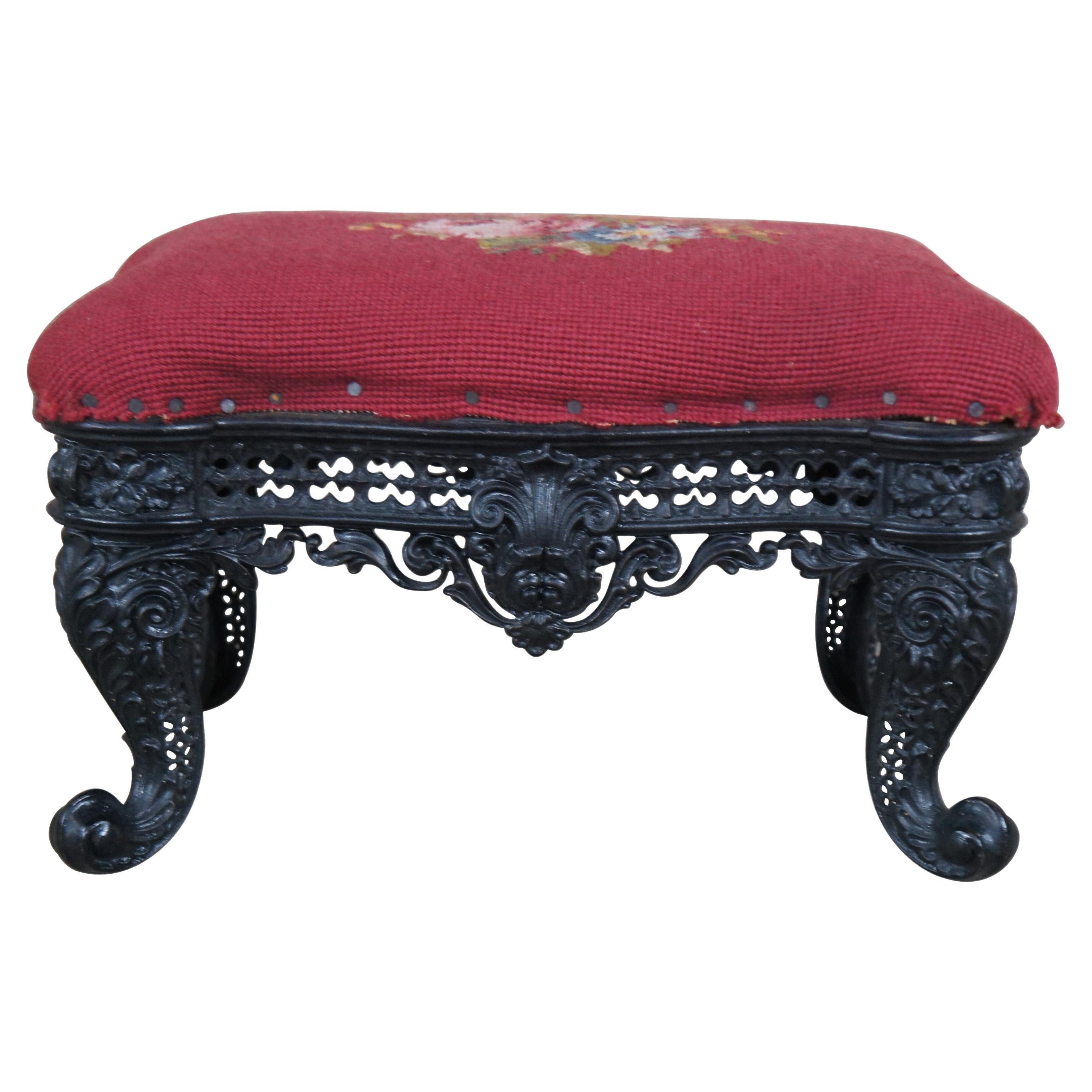 Antique Victorian Cast Iron Needlepoint Embroidered Foot Stool Ottoman ...