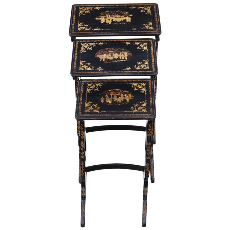 Antique Victorian Chinoiserie Nest of Decorated Black Lacquer Tables at ...