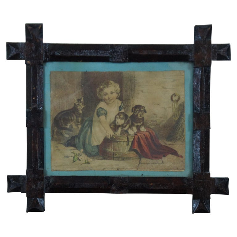 Antique Victorian Coloured Lithograph Portrait Print Child with Puppies ...
