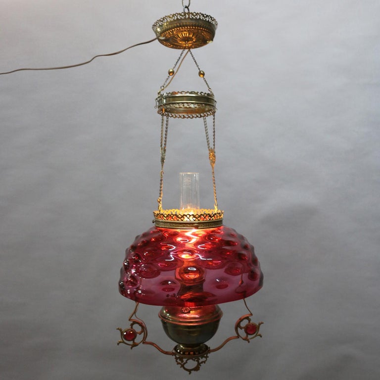 Antique Victorian Cranberry Glass and Bronze Electrified Hanging Gas ...