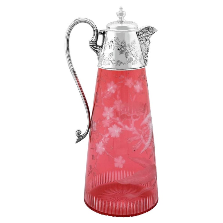 Antique Victorian Cranberry Glass And Sterling Silver Mounted Claret