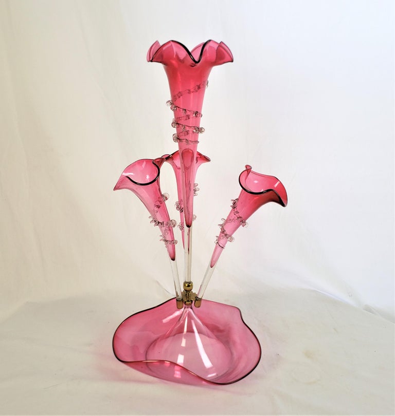 Antique Victorian Cranberry Glass Four Trumpet Epergne or Centerpiece ...