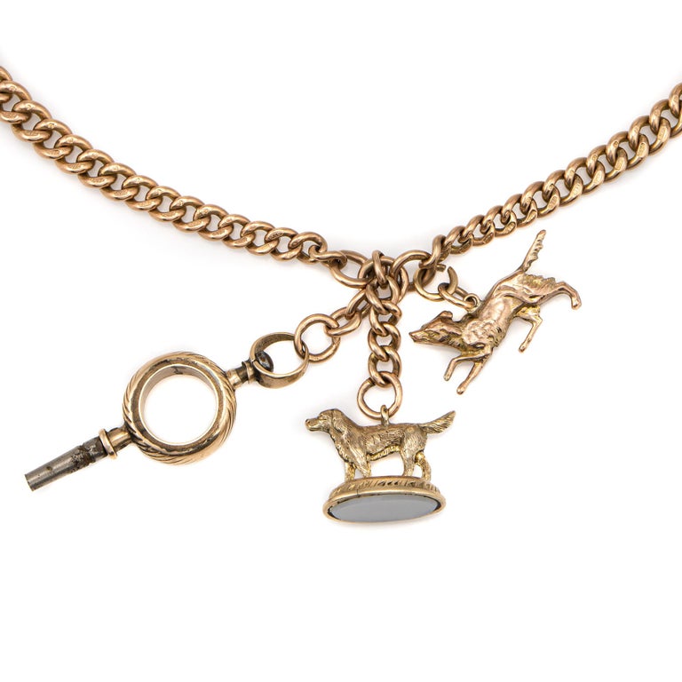 Antique Victorian Curb Link Necklace Chain Dog Charms 9k Gold Watch Key ...