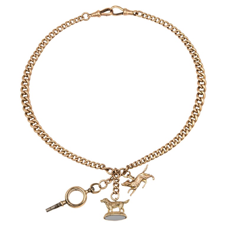 Antique Victorian Curb Link Necklace Chain Dog Charms 9k Gold Watch Key ...