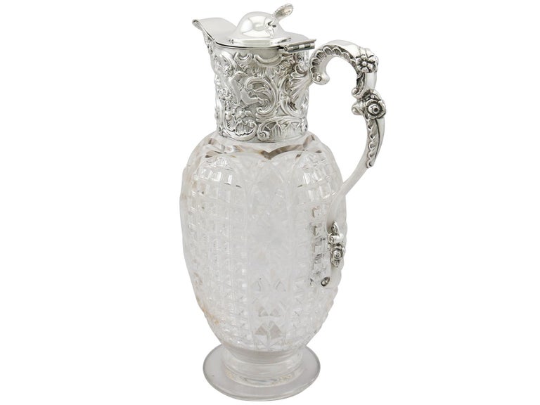 Antique Victorian Cut Glass And Sterling Silver Mounted Claret Jug At