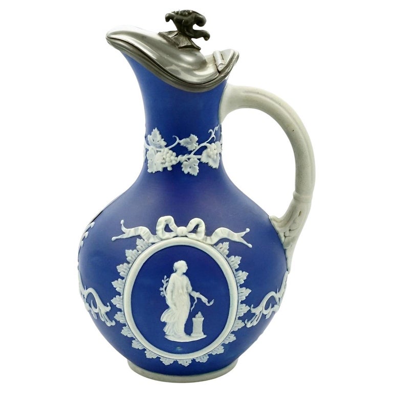 Antique Victorian Dark Cobalt Blue Jasperware Pitcher with Pewter Lid ...